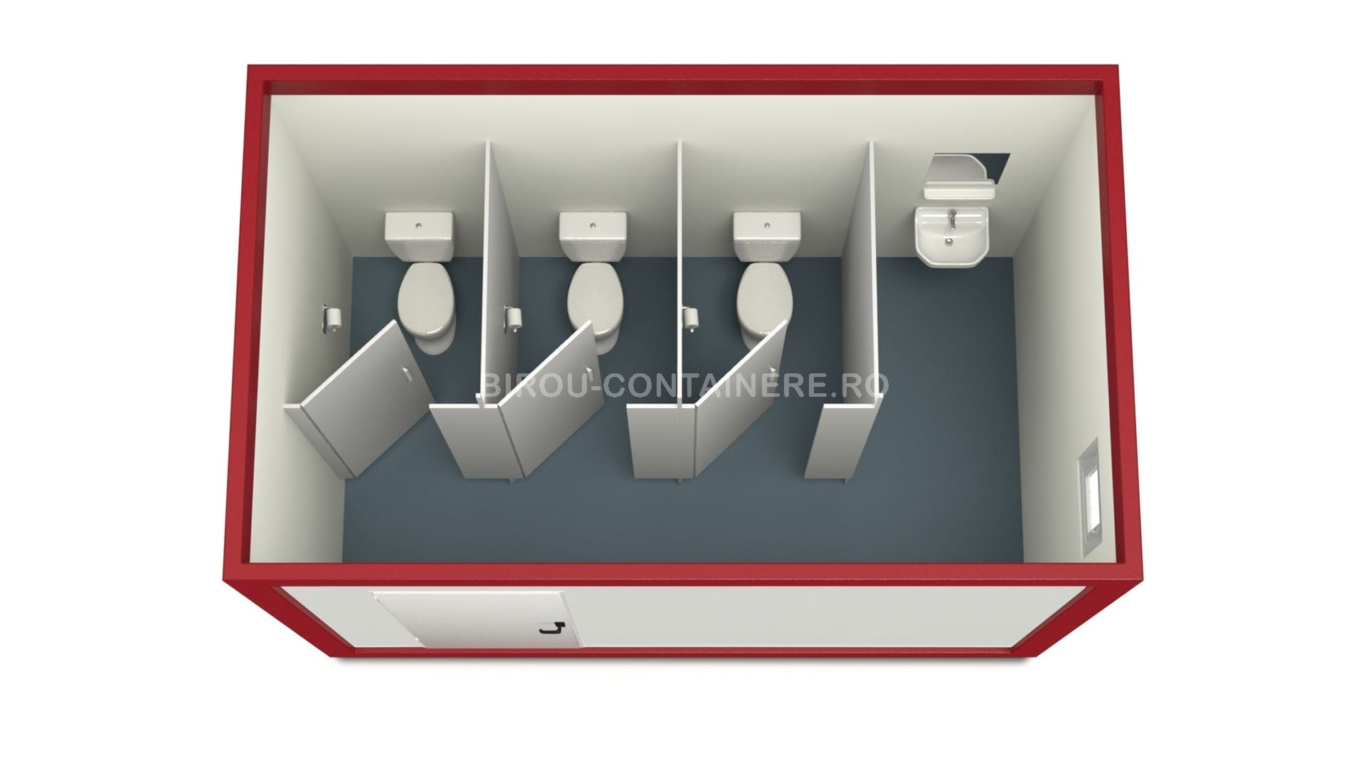 Container Sanitar 4m roșu cu 3 WC-uri • Birou-Containere.ro